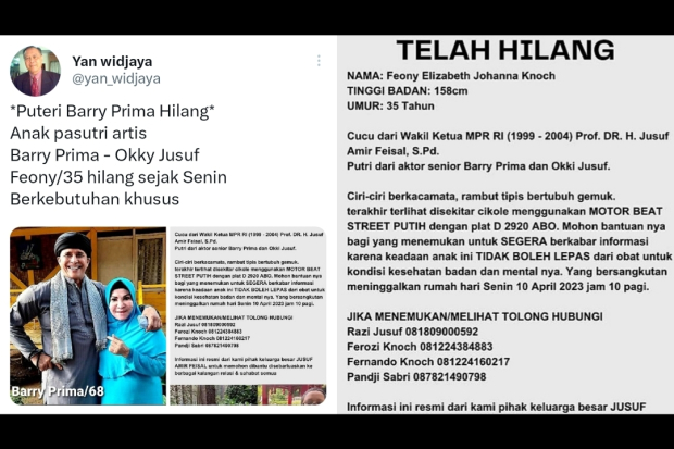 Sosok Feony Elizabeth, Anak Barry Prima yang Dilaporkan Hilang - Hits Katadata.co.id